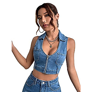 WDIRARA Women's Zipper Up Collared Scoop Neck Sleeveless Patched Pockets Denim Tank Top Medium Wash L