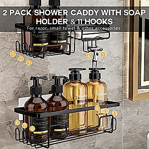Shower Caddy 2 Pack with Soap Holder, Adhesive Shower Caddy Shelf with 11 Hooks, Wall Mounted Bathroom Shower 0rganizer Stainless Steel No Drilling Black Shower Rack Basket for Inside Shower, Kitchen
