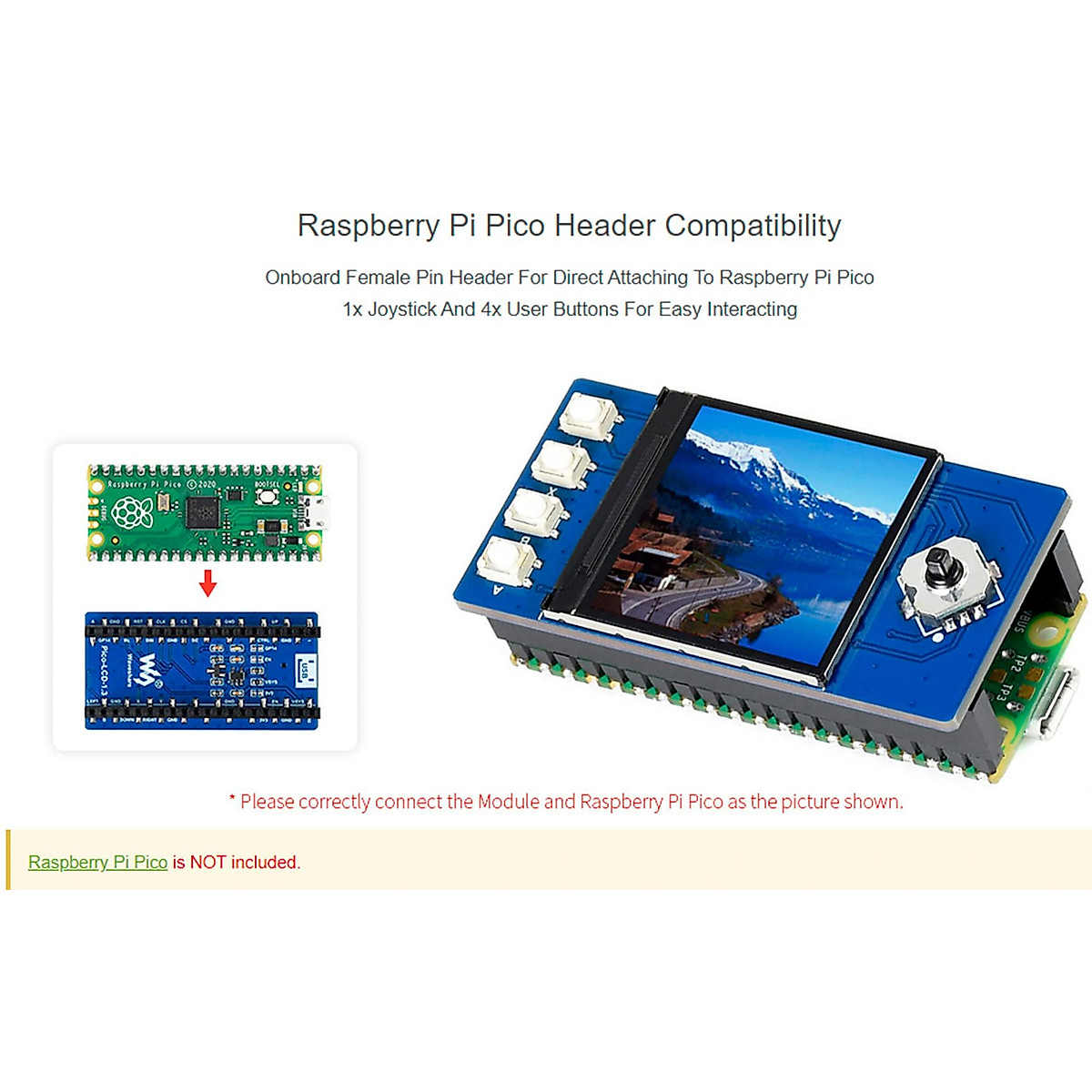 waveshare 1.3inch LCD Display Module for Raspberry Pi Pico, 240×240 Resolution IPS Screen Display 65K RGB Display Color, SPI Interface with 1x Joystick and 4X User Buttons for Easy Interacting