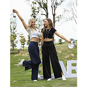 TARSE High Waisted Wide Leg Pants for Women Yoga Palazzo Pants Plus Size Flowy Lounge Trousers Casual Loose Sweatpants Split Leg with Pockets(Black,XXL)