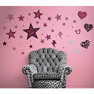 TwoDays 100PCS Y2K Room Decor Aesthetic Wall Decal, 2000s Mcbling Vinyl Peel and Stick Stickers for College Teen Girls Bedroom, Pink Stars Trashy Y2k Decorations for Women Apartment.