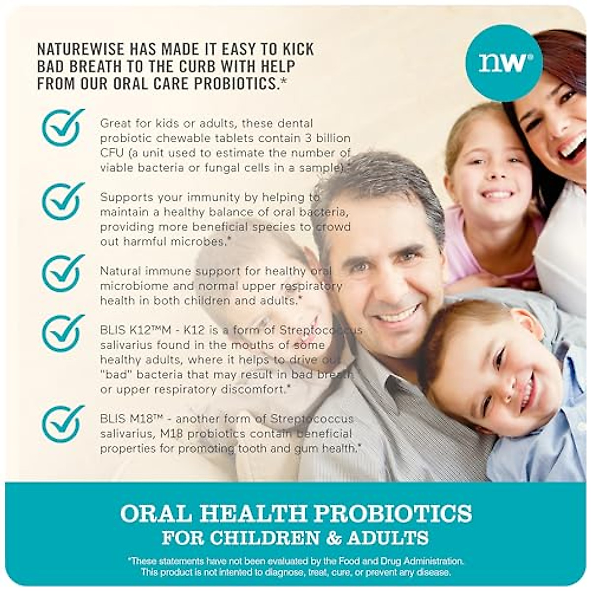 NatureWise Oral Probiotics for Teeth & Gums & Fresh Breath* - Chewable Sugar-Free Mint Tablet - Dental Support for Kids & Adults w/ BLIS K12 & M18 - Non-GMO - 50 Count[50-Day Supply]