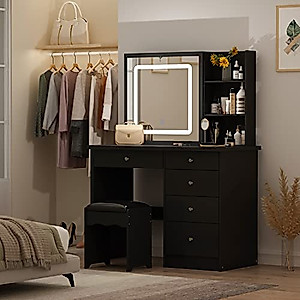 AIEGLE Large Vanity Desk Set with Sliding Lighted Mirror, Makeup Dressing Table with Hidden Shelves & Cushioned Stool, Black - Sliding Lighted Mirror