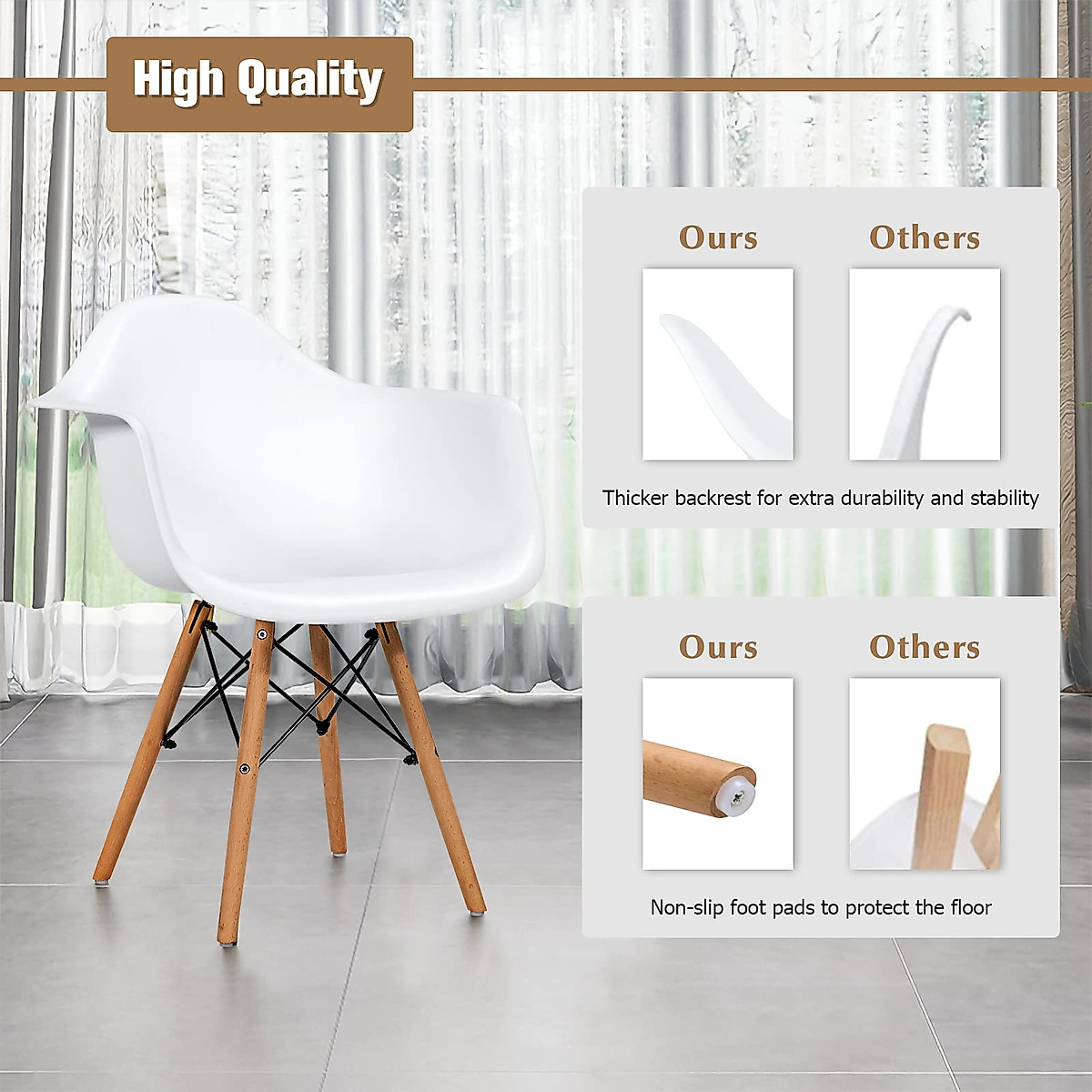 Safstar Mid Century Modern Dinning Chair Set of 2, 2 Pieces DSW Side Chair w/Beech Wood Legs & Curved Seat Supports, Accent Plastic Shell Chair Set for Kitchen, Dining, Bedroom, Living Room (2, White)