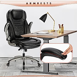 COLAMY 6686 Ergonomic Home High Back Executive Computer Desk Padded Flip-up Arms, Thick Bonded Soft Leather, Modern Office Chair with Upgraded Casters for Swivel Rolling (Black, 300lbs)