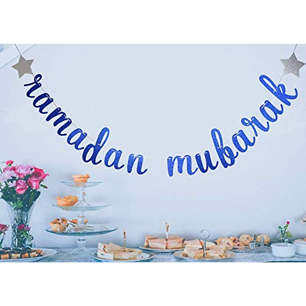 Blue Ramadan Kareem Banner with Silver Stars Hanging Banners Eid Festival Party Decoration