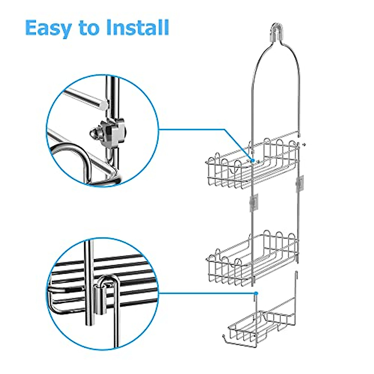 Bextsrack Hanging Shower Caddy Organizer, SUS201 Stainless Steel Bathroom Over Shower Head Caddy for Shampoo, Conditioner, Soap, Towels and More, Chrome