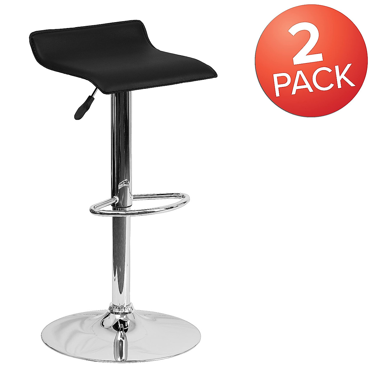 Flash Furniture Athens 2 Pack Contemporary Black Vinyl Adjustable Height Barstool with Solid Wave Seat and Chrome Base