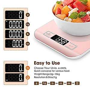 Mik-Nana Food Scale Pink, 10kg/22lb Digital Kitchen Scale Weight Grams and Oz for Baking and Cooking, 1g/0.1oz Precise Graduation, Easy Clean Stainless Steel