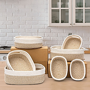 HLWDFLZ 7 Piece Cotton Rope Woven Basket Set - Woven Storage Basket Pets Toy Cotton Rope Basket for Organizing, Small Basket for Montessori, Dog Cat Toy Box, Baby Nursery (Off White/Brown)