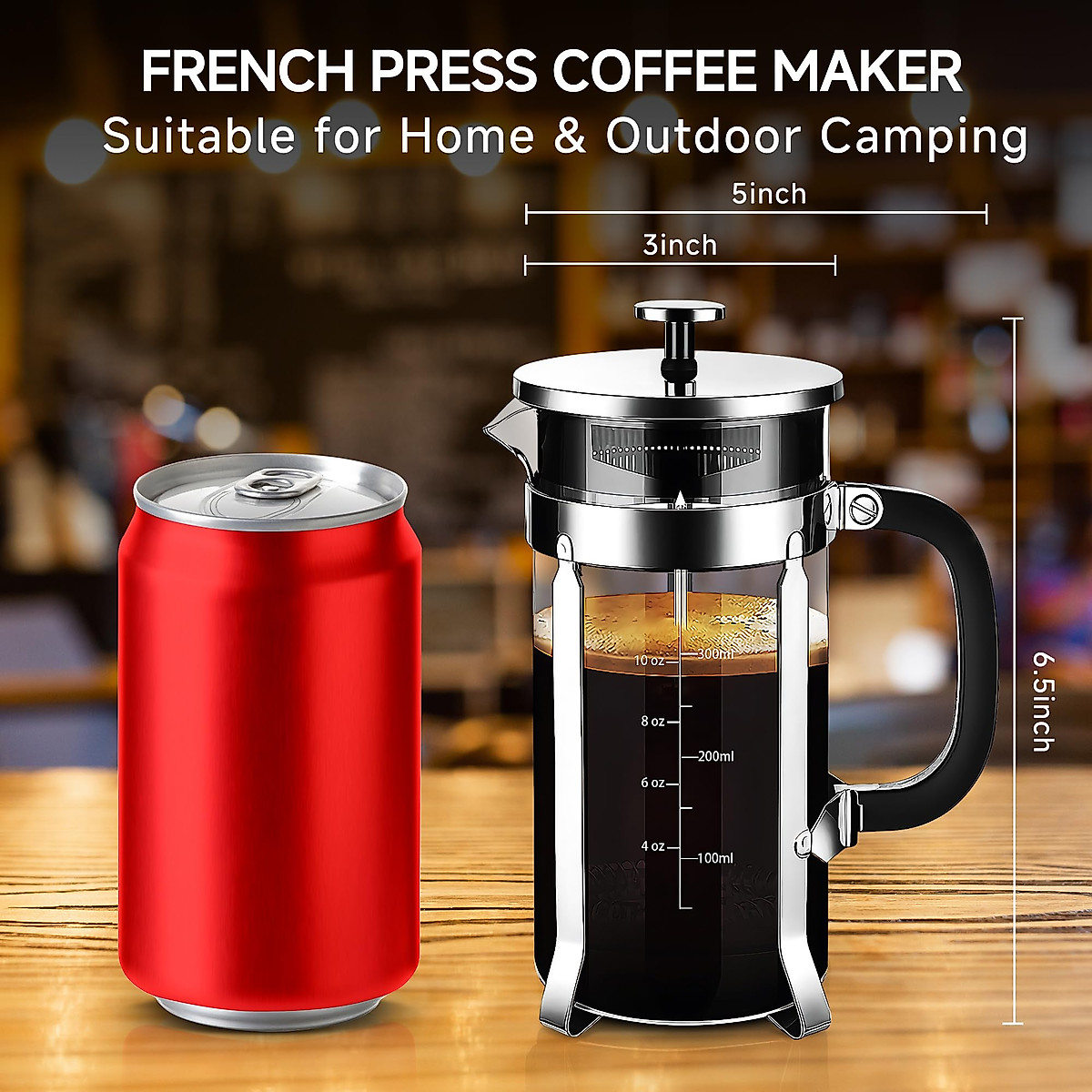 YMMIND French Press Coffee Maker 12oz 304 Stainless Steel Coffee Press,with 4 Filters System, Heat Resistant Thickness Borosilicate French Press Glass, BPA-Free Brewed Tea Pot Coffee Plunger