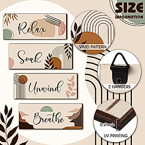 4 Pcs Boho Bathroom Decor Relax Soak Unwind Breathe Sign Bathroom Wall Arts Decor Boho Bathroom Wooden Wall Decor Rustic Farmhouse Bathroom Wall Decor Paintings for Home Washroom, 9.84 x 3.94 Inch