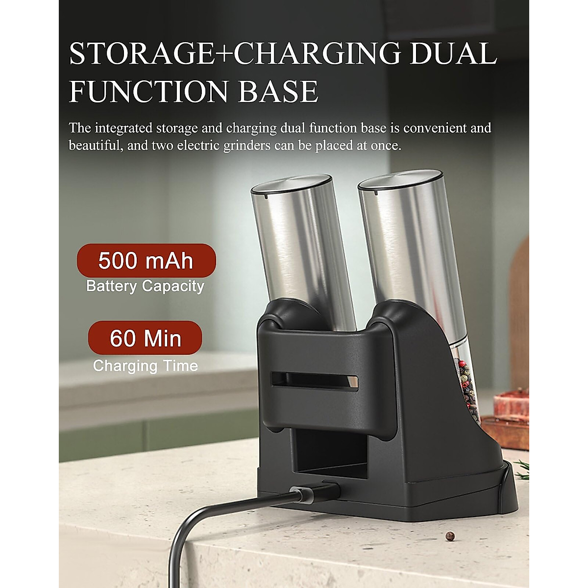 [Upgraded Larger Capacity]Electric Salt and Pepper Grinder Set Tomentific, Automatic Pepper Mills with Easy-to-Carry Dual Charging Station and Adjustable Coarseness, LED Light, Stainless Steel