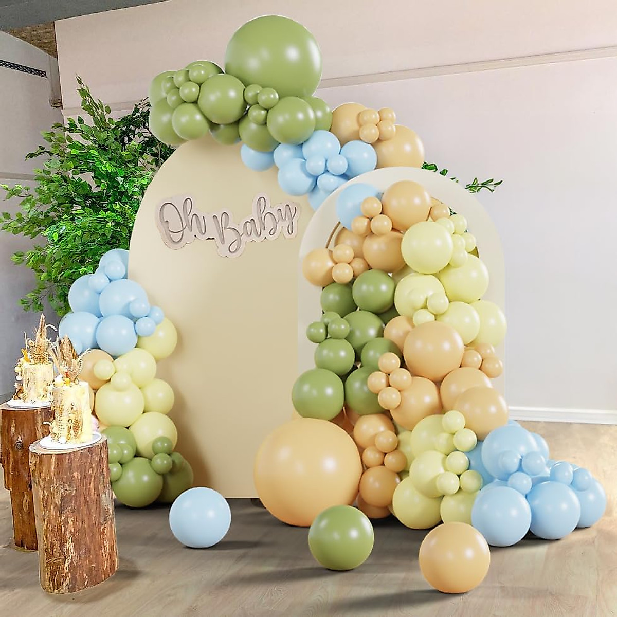 BlissBash 125PCS Classic Bear Baby Shower Balloon Arch Garland Kit - 18/12/10/5 Inch Pastel Blue, Sage Green, Pastel Yellow, Nude Balloons for Baby Shower, Birthday Party Decorations