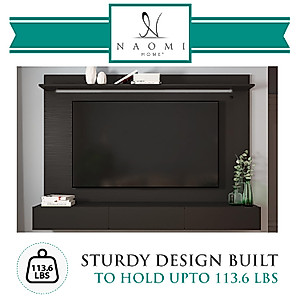 Naomi Home Bliss Modern Freestanding Wall Mounted Entertainment Center Floating TV Wall Panel for 70 inch TVs, Home Theater with LED Strip, Pull-Out Drawers and Overhead Shelf – Black, Solid Pine Wood