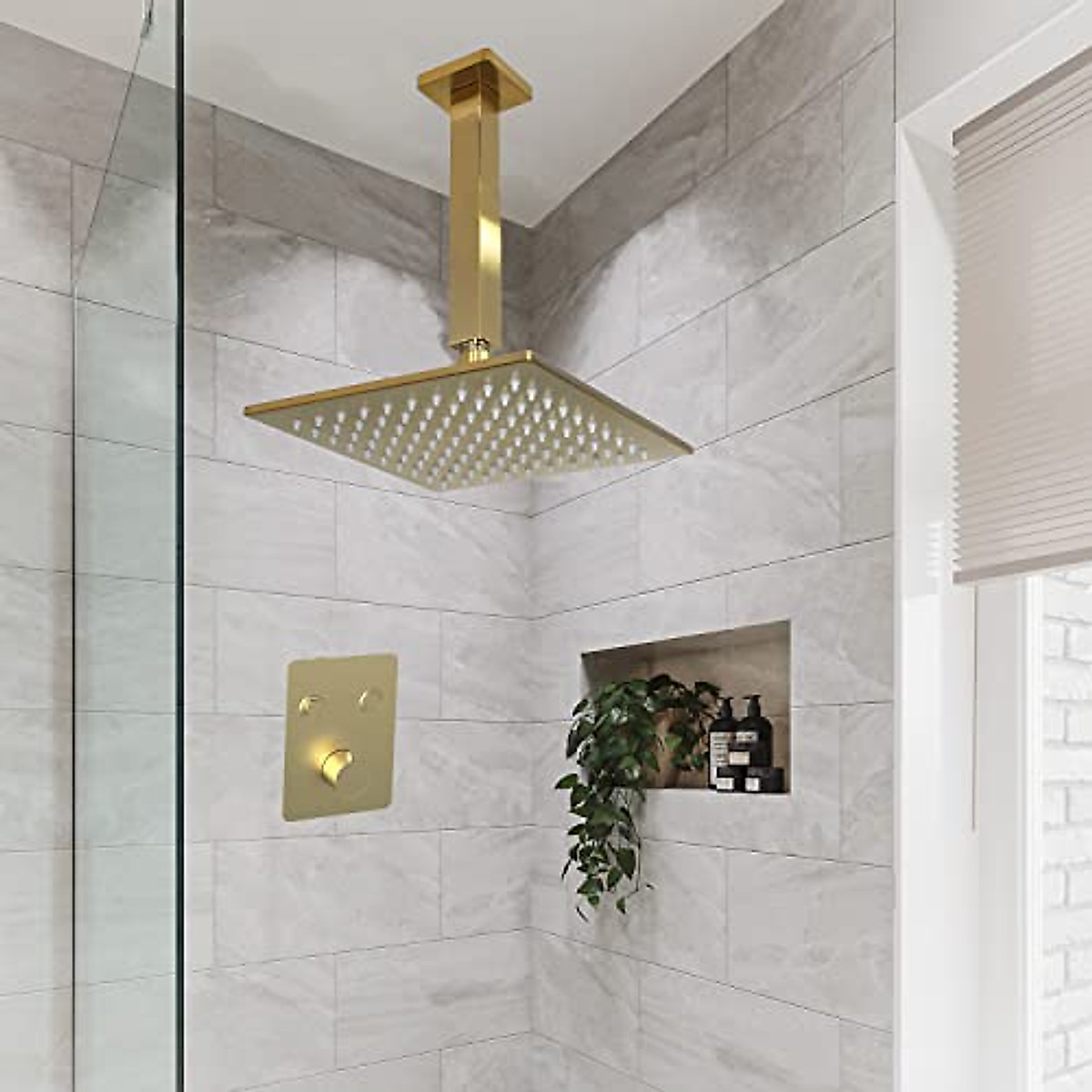 Aquaiaw Square Shower Arm and Anti-Scratch O-Ring Flange, 8 inch, Solid Brass, Both Soldered 1/2 NPT Tapered Threads, Straight Rainfall Shower Head Arm Extension, Ceiling Mount Arm (Brushed Gold)