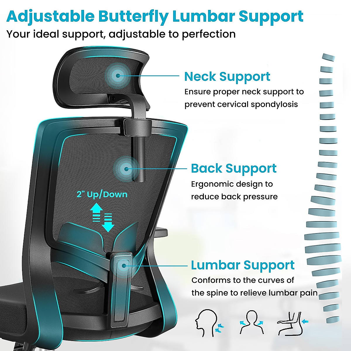 Brick Attic Office Chair Ergonomic Desk Chair High Back Computer Chair Swivel Mesh Task Chair with Adjustable Lumbar Support Armrests Headrest Black