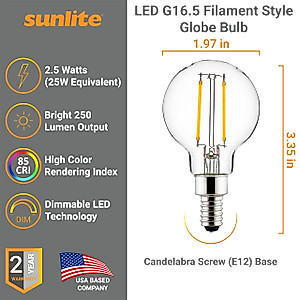 Sunlite 80757 LED G16.5 Filament Style Globe Light Bulb, 2.5 Watts (25W Equivalent), 250 lumens, Dimmable, Candelabra Base (E12), UL Listed, 3000K Warm White, 1 Count