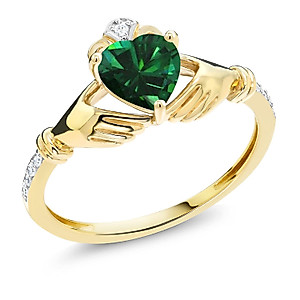 Gem Stone King 10K Yellow Gold Green Simulated Emerald and Diamond Accent Irish Celtic Claddagh Ring For Women (0.74 Cttw, Available in size 5, 6, 7, 8, 9)