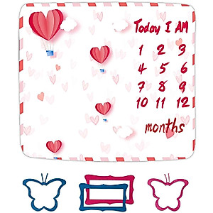 FHZON Red Heart Balloon Baby Monthly Milestone Blanket Unisex, Clouds Month and Age Blanket, 48x40in Soft Flannel, White Monthly Newborn Gift Baby Photo Blanket BTXFFH21