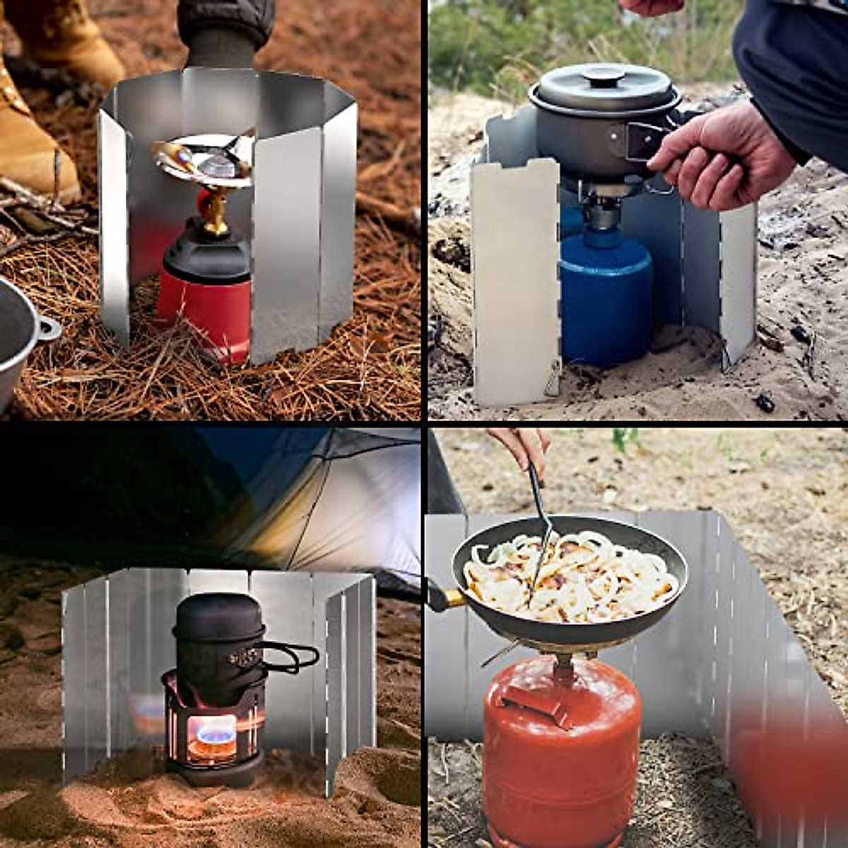 Camping Stove Windscreen, Ohuhu Camp Stove Windscreen 10 Plates Aluminum Folding Portable Camping Stove Windshield Burner Stove with Carry Bag, for Camping Picnic, Backpacking, Cooking