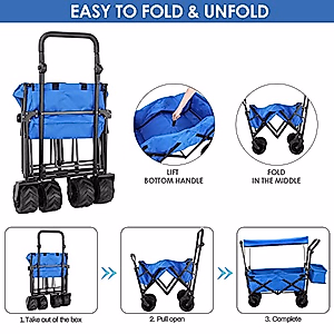 AthLike Collapsible Wagon Folding Garden Cart w/Removable Canopy, Extra Large Heavy Duty Portable Camping Beach Utilit Cart w/Adjustable Push Pull Handle, 7" Wide All-Terrain Wheel for Shopping Picnic