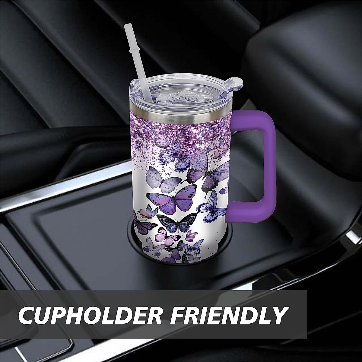 Thmasamwr Butterfly Tumbler With Lid, Straw and Handle - 40oz Stainless Steel Travel Coffee Mug Water Bottle - Gift Cups for Women and Girls