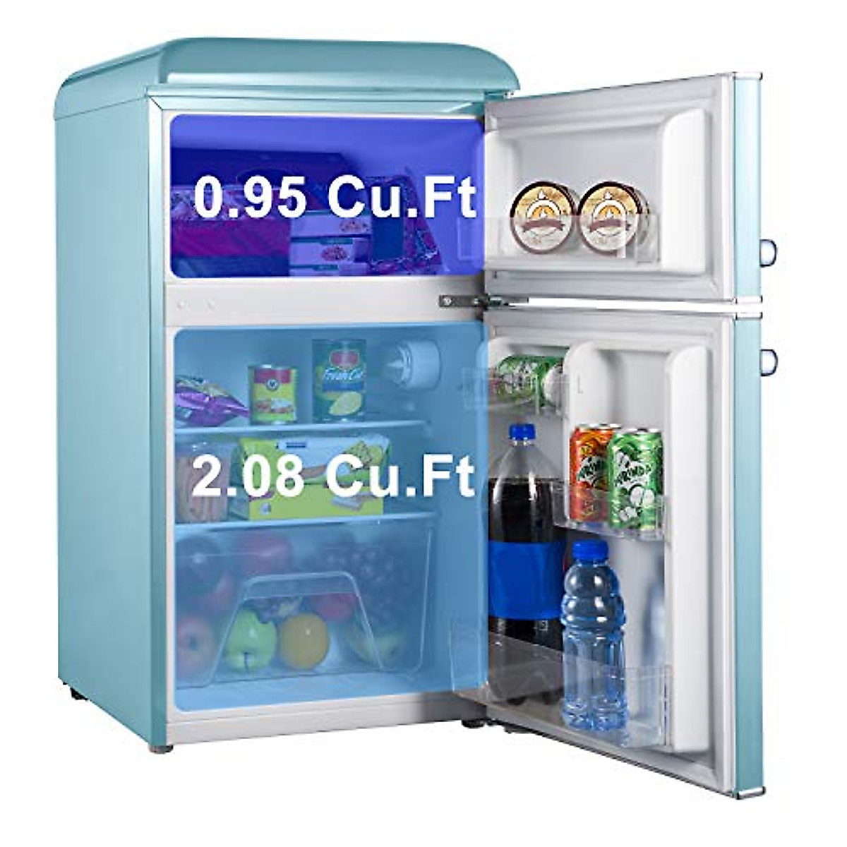 Galanz GLR31TBEER Retro Compact Refrigerator, Mini Fridge with Dual Doors, 3.1 Cu FT, Blue & GLCMKZ11BER10 Retro Countertop Microwave Oven with Auto Cook & Reheat, Defrost, 1.1 cu ft, Blue