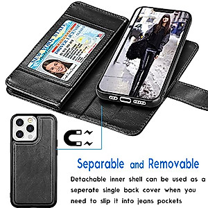 Tekcoo Wallet Case Compatible with iPhone 13 (6.1 inch) 2021 Luxury ID Cash Credit Card Slots Holder Carrying Pouch Folio Flip PU Leather Cover [Detachable Magnetic Hard Case] with Strap [Black]