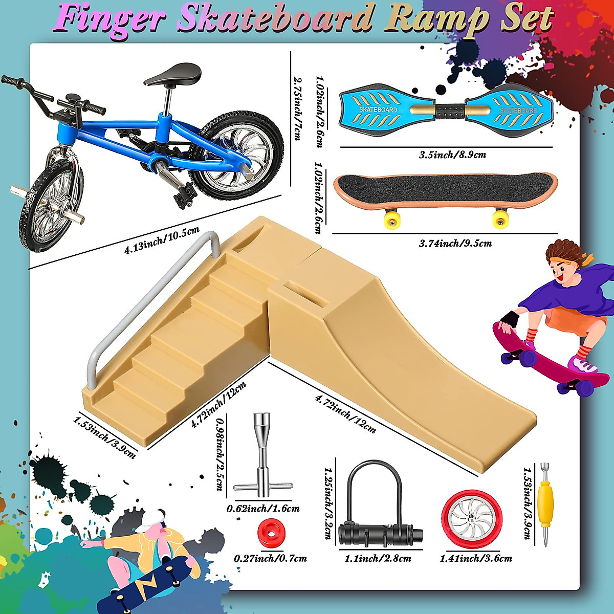 17 Pieces Finger Skateboard Ramp Set Skate Park Kit Ramp Parts Set Mini Finger Toys Set Finger Bike Skate Park Kit with Replacement Wheels and Tools for Kids Party Favor (Classic Color)