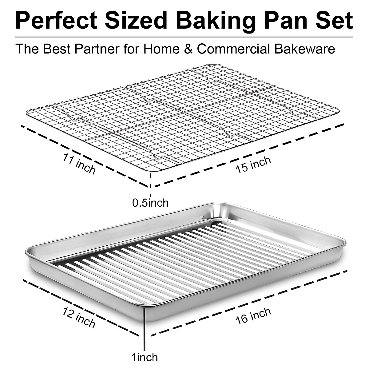 Baking Half Sheet with Rack Set (2 Pans + 2 Racks), Size 16 x 12 x 1 Inches, AIKWI Stainless Steel Cookie Pan with Cooling Rack for Oven, Nonstick Bakeware, Easy Clean & Heavy Duty