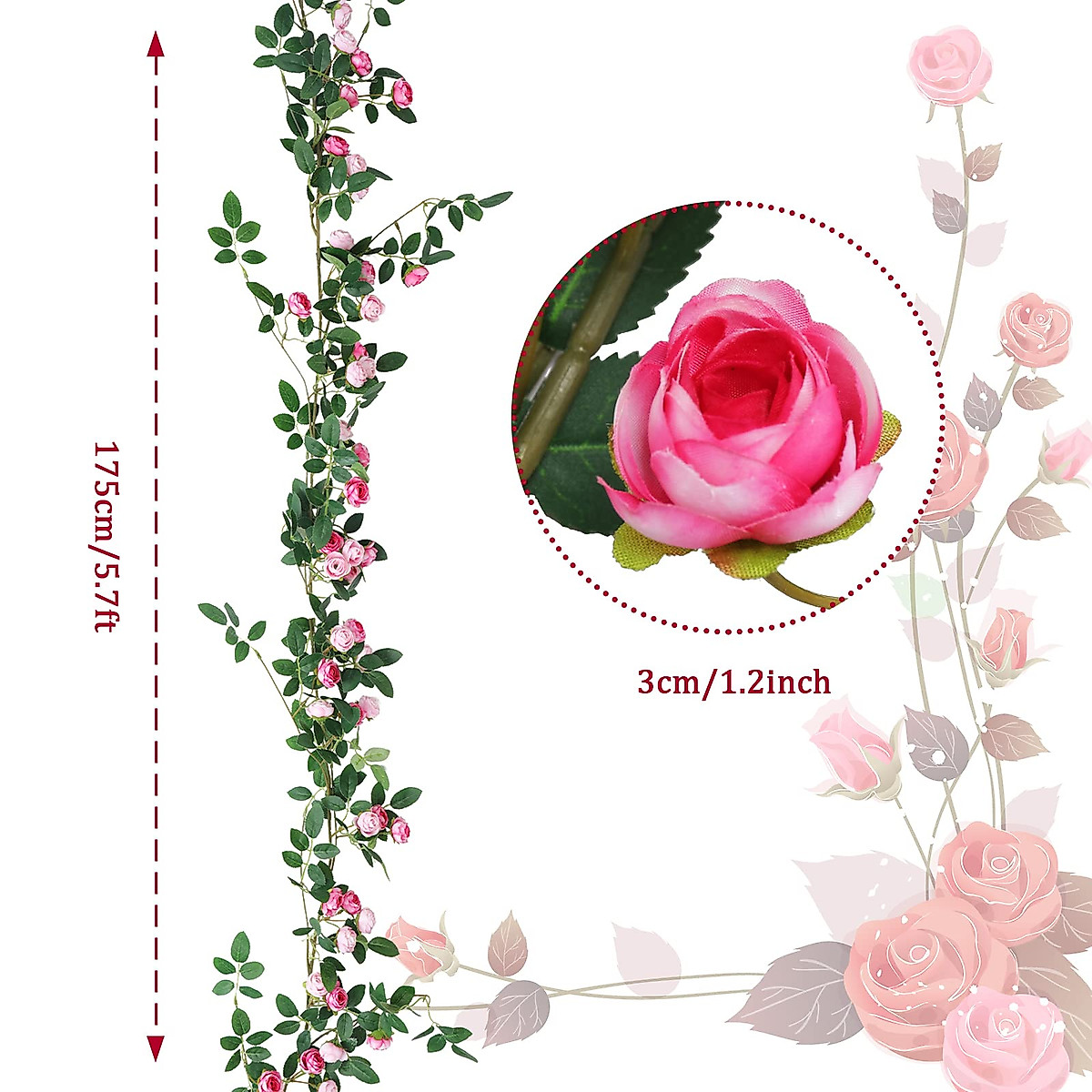 Whaline 54Pcs Rose Flower Garland Double Pink Fake Rose Vine Garland with Green Leaves 5.7ft Artificial Hanging Floral Garland Realistic Flowers String for Home Wedding Party Garden Craft Wall Decor