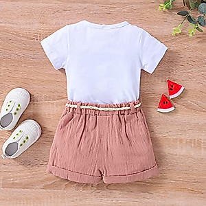Aimaopao Toddler Baby Girls Summer Clothes Watermelon Print T-shirt Linen Short Sets With Belt Outfits for 1-5 Years Old (Watermelon Pink, 3-4T)