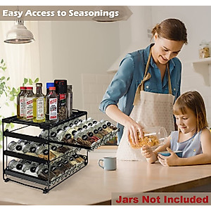 Artibear Spice Rack Organizer with Mesh Drawer for Kitchen Cabinet, 3-Tier Seasoning Storage Holder for Pantry Countertop, Matte Black (Jars Not Included)