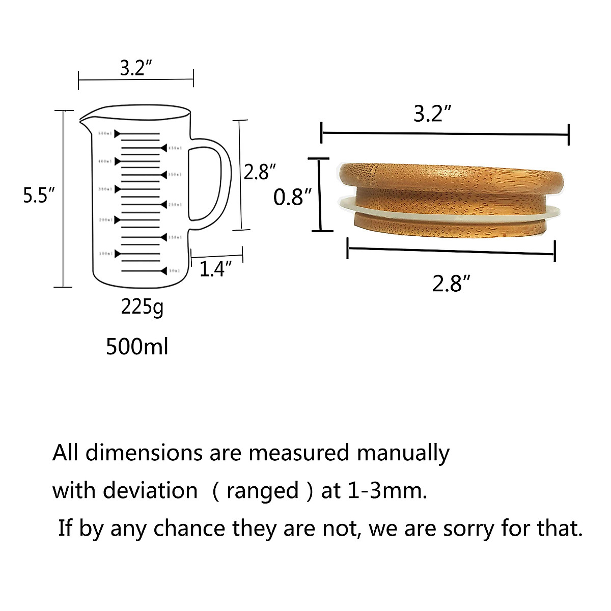 KINNOSE Graduated Beaker Mug with Handle and Durable Bamboo Lid Borosilicate Glass Multi-Function Food Grade Measuring Cup 500ml