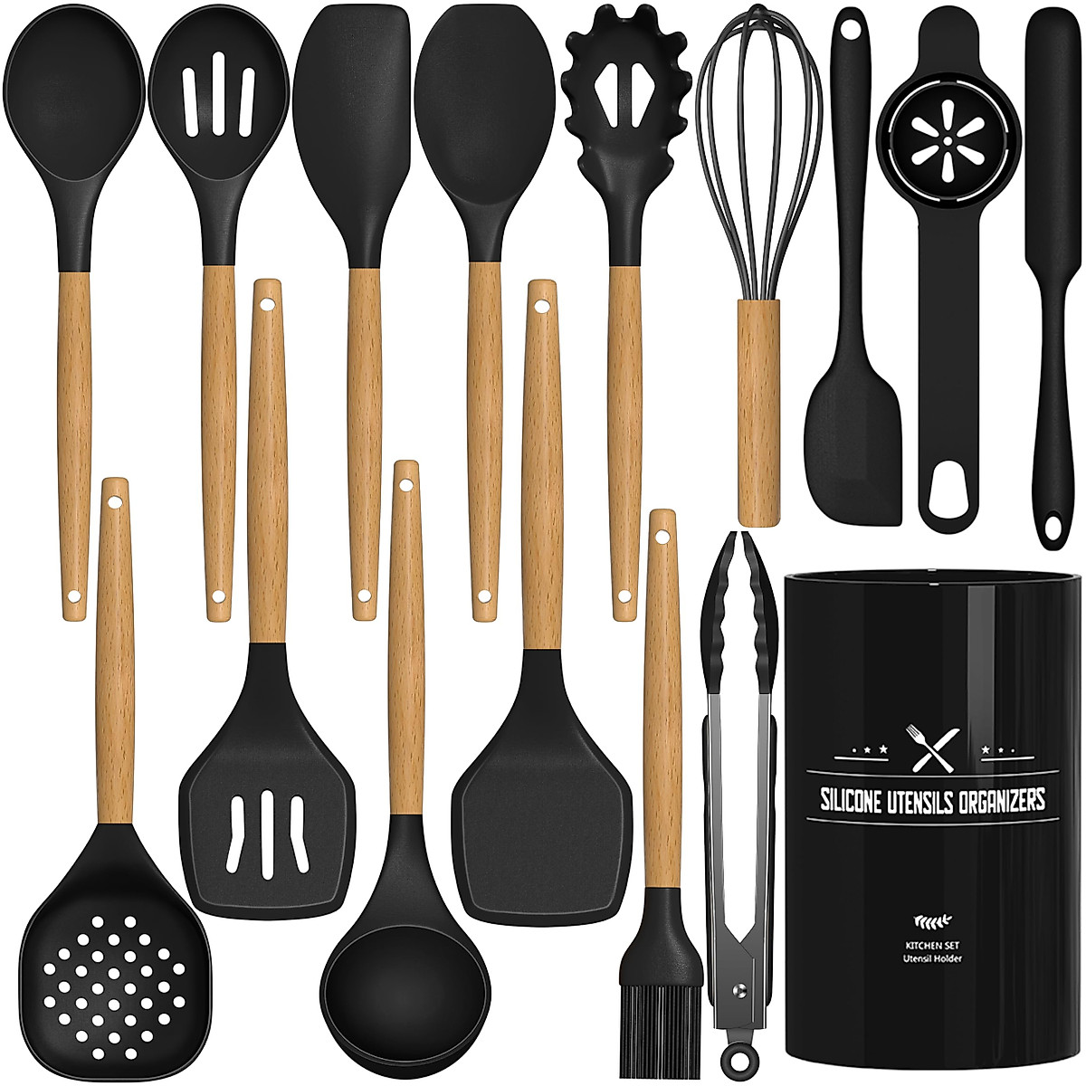 Kitchen Utensils Set, AIKKIL16 Pcs Cooking Utensils Set with Holder, Heat Resistance, Black Wooden Handle Silicone Kitchen Gadgets Utensil Set for Nonstick Cookware