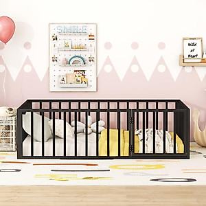 Merax Twin Size Montessori Floor Bed, Metal Toddler Bed Frame w/Convertible Door and Safety Fence, Floor-Bed-Frame for Children Bedroom, Toddlers, Boys Girls, Kids Playroom, Black