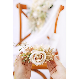 Ansofi 6Pcs Wrist Corsage Wristlet Band Bracelet for Bride Bridesmaid Champage Rose Artificial Flowers Accessories for Wedding Formal Dinner Party and Prom Decorations