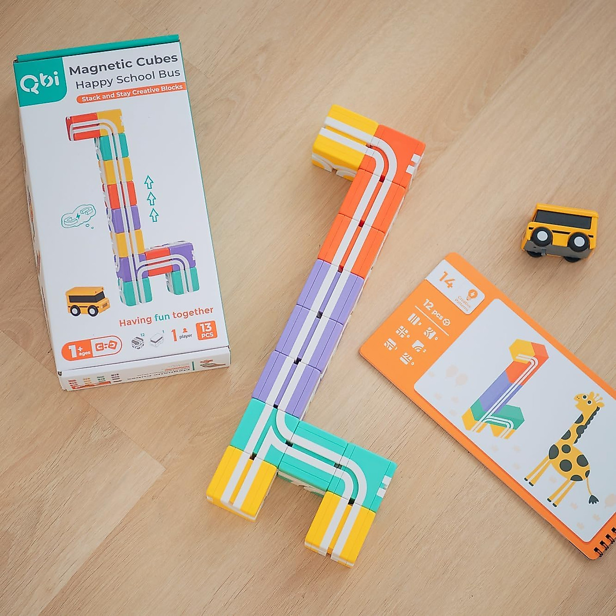 QBI Magnetic Blocks STEM Toys for Toddlers Aged 1+ Year Old Boys & Girls| 3D Colorful Magnetic Building Blocks with 1 School Bus| Preschool Toys, Montessori Game (13 Pieces)