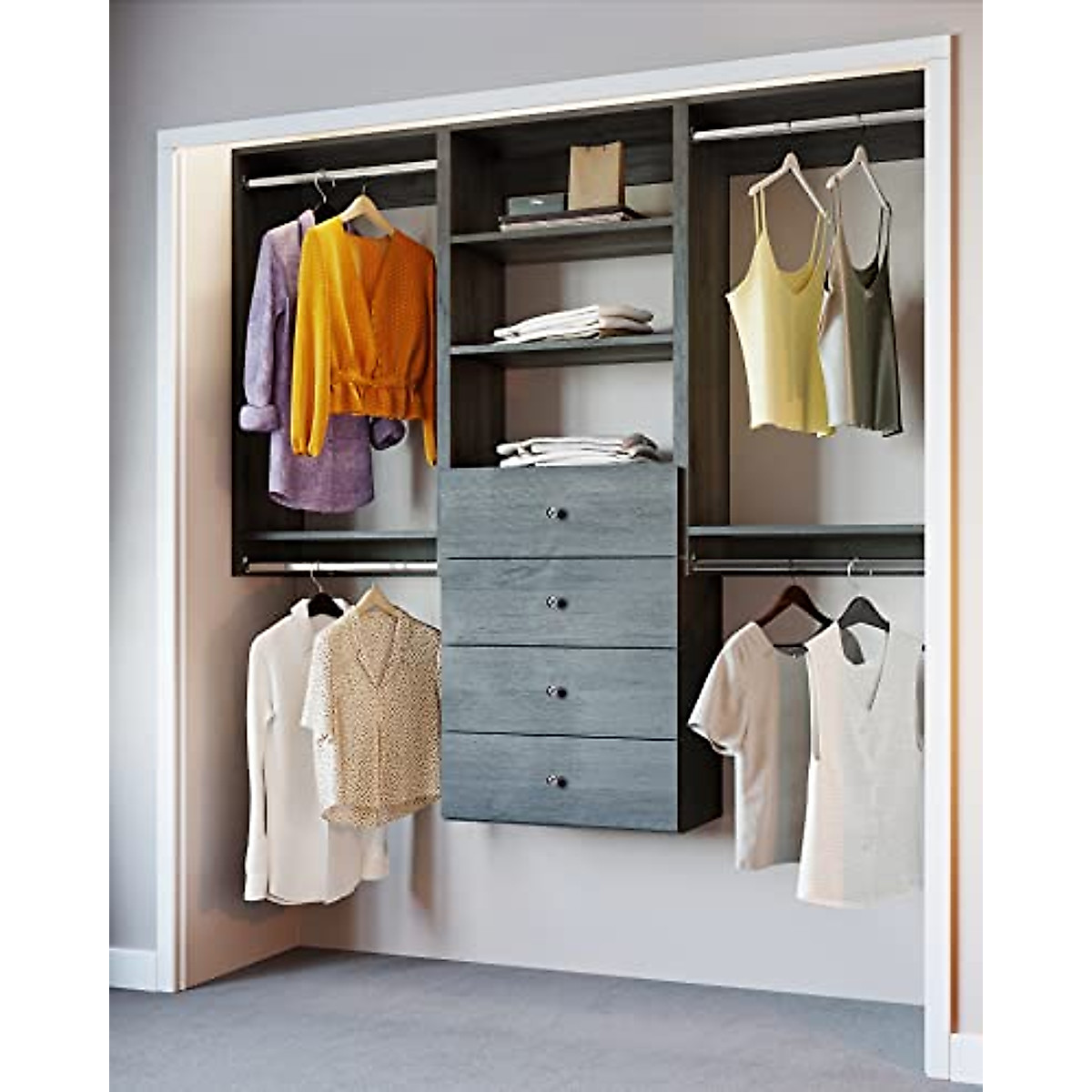 MC Modular Closets Closet Kit with Hanging Rods, Shelves & Drawers - Corner Closet System - Grey, 96 inches Wide