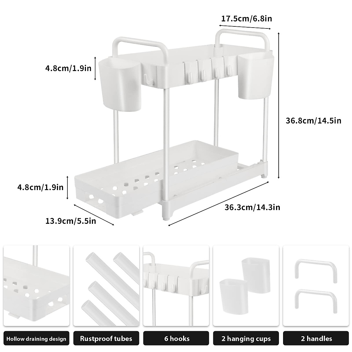 RASHNU Under Sink Organizers and Storage, 2 Tier Under Bathroom Storage Rack with 6 Hooks, Multi-purpose Storage for Bathroom Kitchen Cabinet (White 1 Pack)