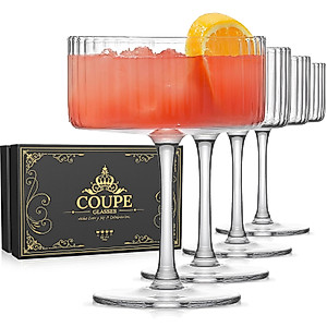 Ribbed Coupe Glasses Set of 4, Hand Blown 10 oz Vintage Cocktail Glasses, Vintage Art Deco Martini Glasses Set with Present Box for Espresso Martini, Champagne, Cosmopolitan, Manhattan, Cocktail Party