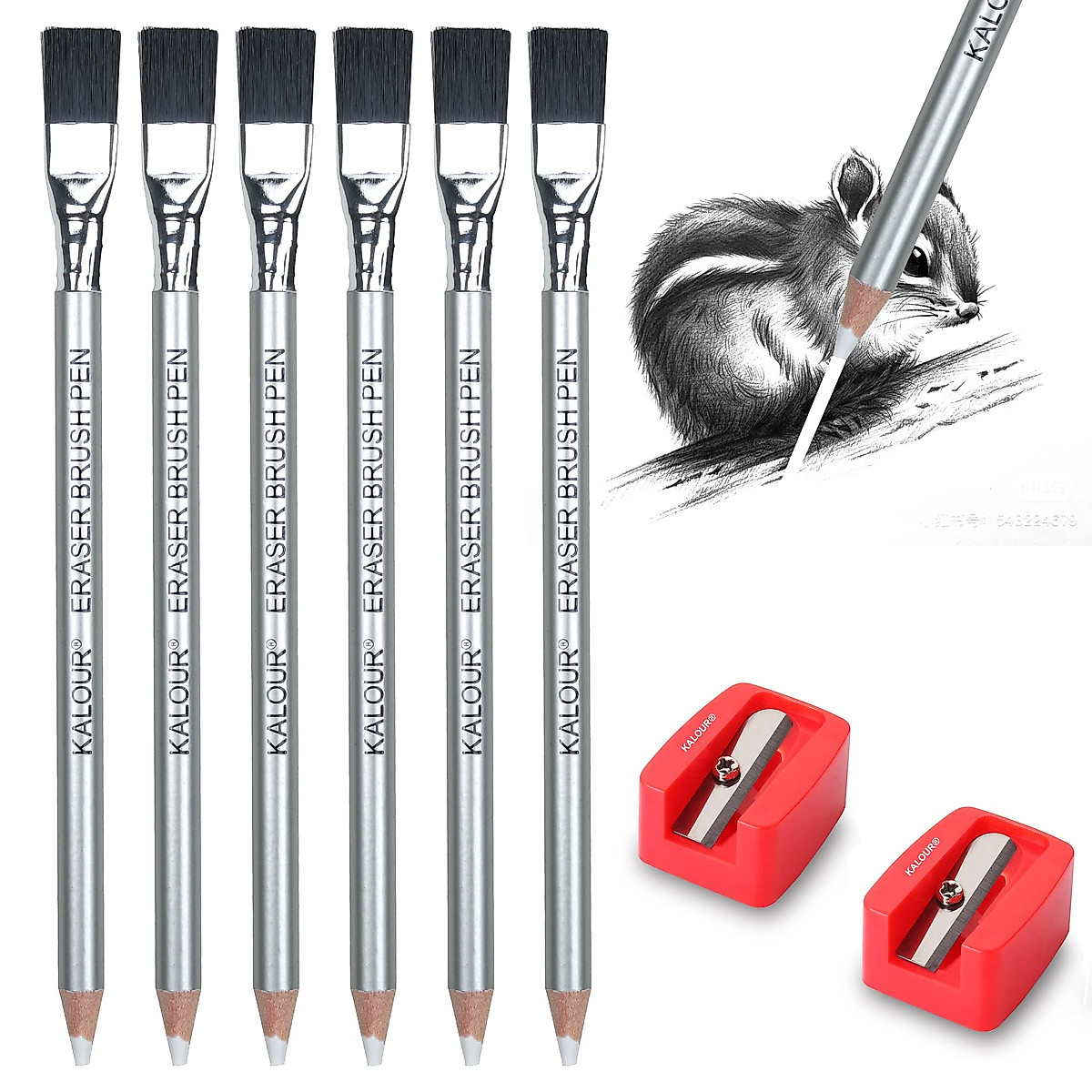 KALOUR Detail Eraser Pencil - 6pc Eraser Pencils with Brush and 2pc Sharpener,Erasing Small Details or add Highlights for Sketching, Charcoal Drawings. Fine Detail Eraser for Beginners & Artists
