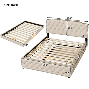 Merax Modern Upholstered Plattform Bed with Trundle and 2 USB Ports, Queen Linen Bed Frame with Wingback No Box Spring Needed Beige