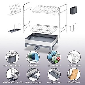 TOOLF Dish Drying Rack, 2-Tier Dish Rack with Large Capacity, Multifunctional Dish Drainer with Drainboard, Rustproof & Durable with 360° Drainboard Set with Cutting Board Rack, Tool-Free Installation