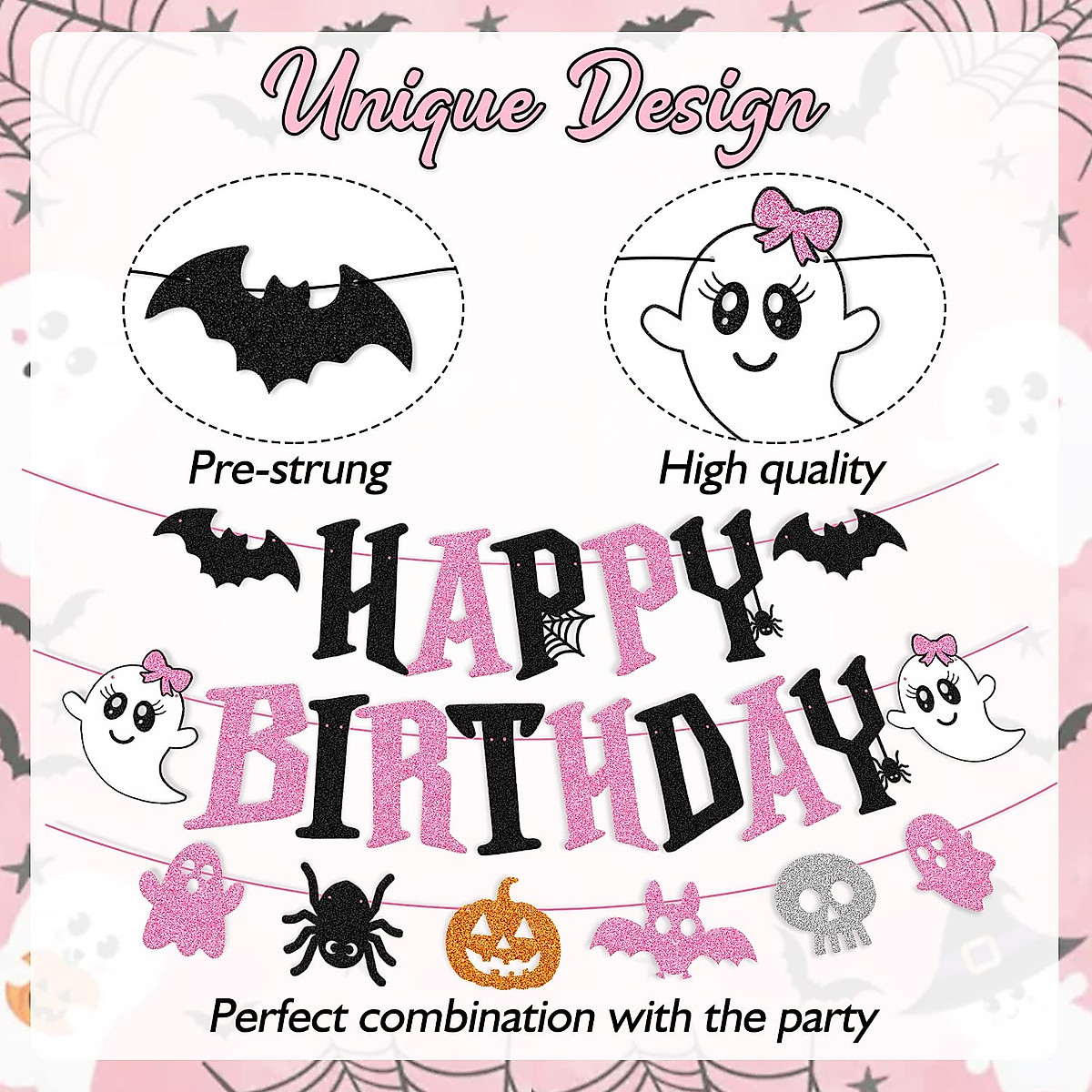 Halloween Happy Birthday Banner Hallows Bday Decoration Ghost Spider Bat Spooky Boo Horror Theme Halloween Eve Party Event Celebration Anniversary Decor for Girls Women Lady Glitter Black Pink