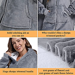 Aptoco Oversized Wearable Blanket Hoodies, Plus Size Soft Sherpa Blanket Sweatshirt w/ Giant Pocket Comfy Sweatshirt Blanket Thick Warm Hoodie for Adult Teen & Kids, One Size Fits All(Gray) (Medium)