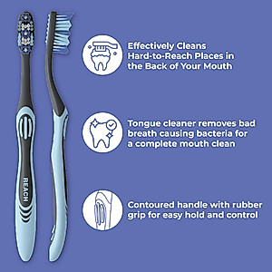 Reach Essentials Toothbrush with Toothbrush Covers, Multi-Angled Medium Bristles, Contoured Handle, Tongue Scraper, 6 Count