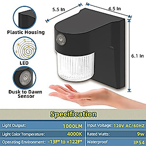 Owleye LED Wall Pack Light Porch Light with Photocell, 1000LM [AC120/60HZ] IP54 Waterproof Dusk to Dawn Outdoor Lighting Fixture for Garage Warehouse Garden 4000K-Daylight 4 Pack-Black