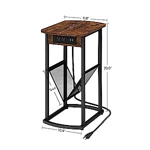 Hzuaneri Side Table with Charging Station, End Table with V-Mesh Magazine Holder, Industrial Record Player Stand with CD Album Storage Shelf, Rustic Brown and Black ET05401B